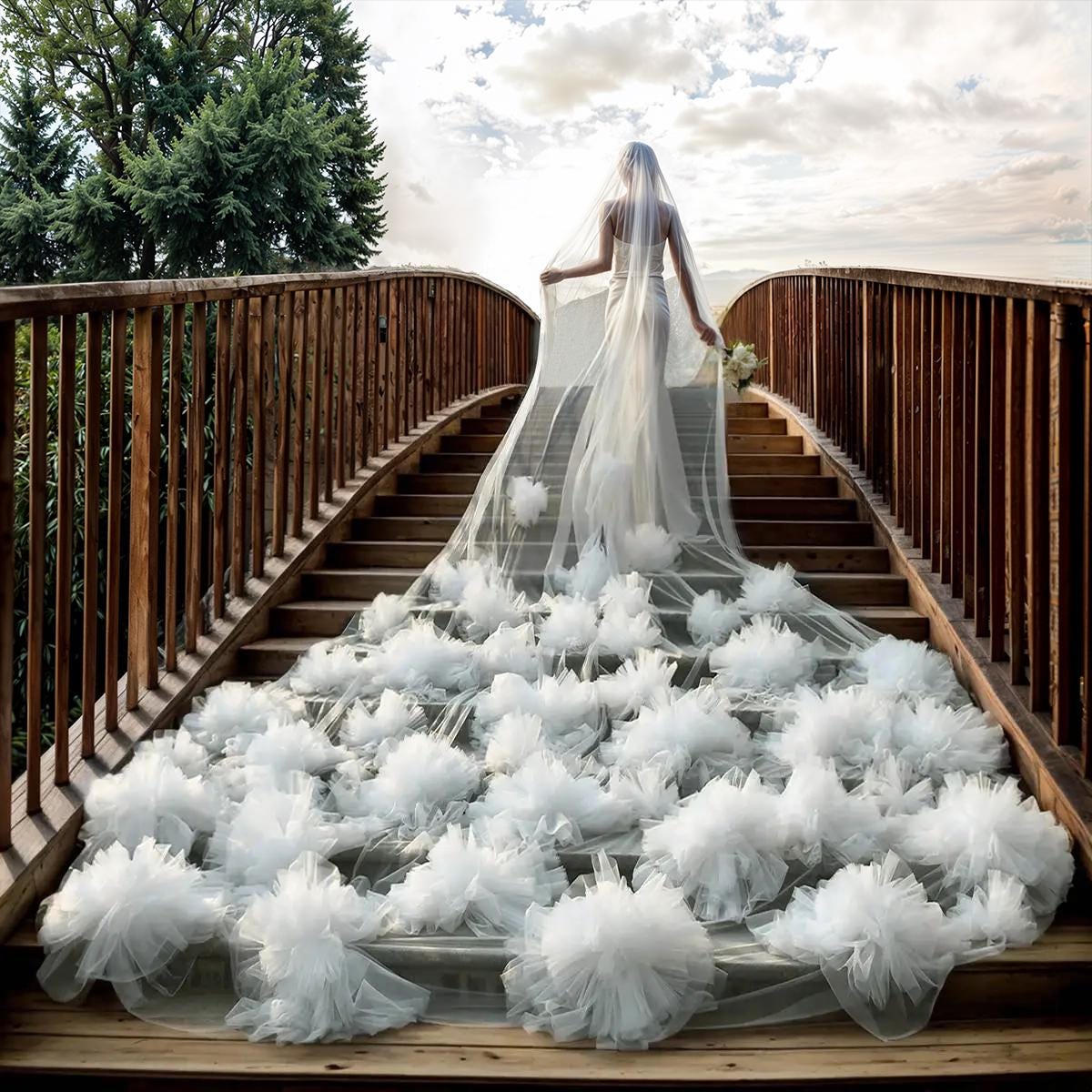 Elegant Long Cathedral Wedding Veil With Fluffy Tulle Flowers, Romantic ...