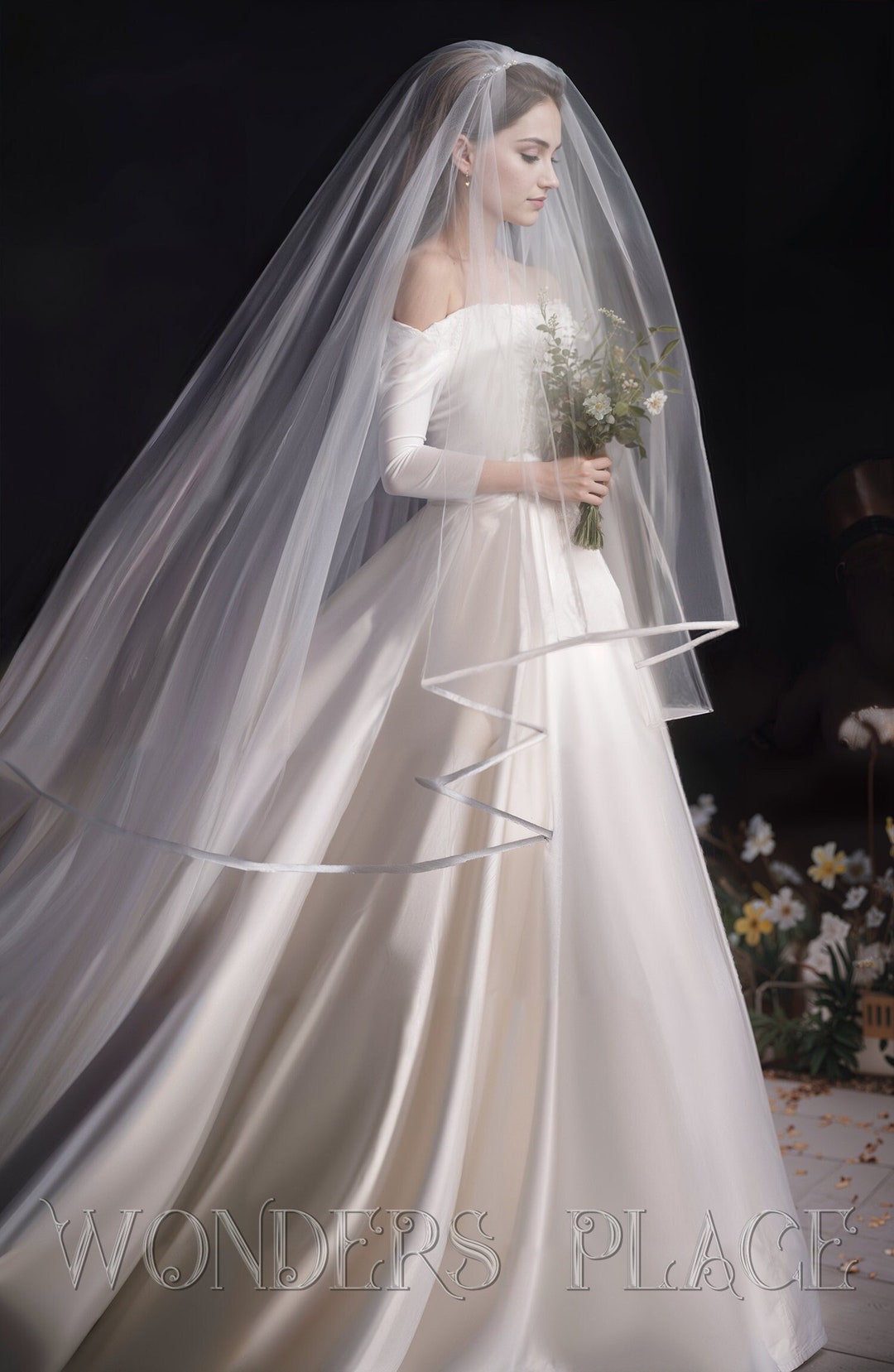 Two Tier Satin Trim Cathedral Veil, Satin Ribbon Cathedral Veil ...