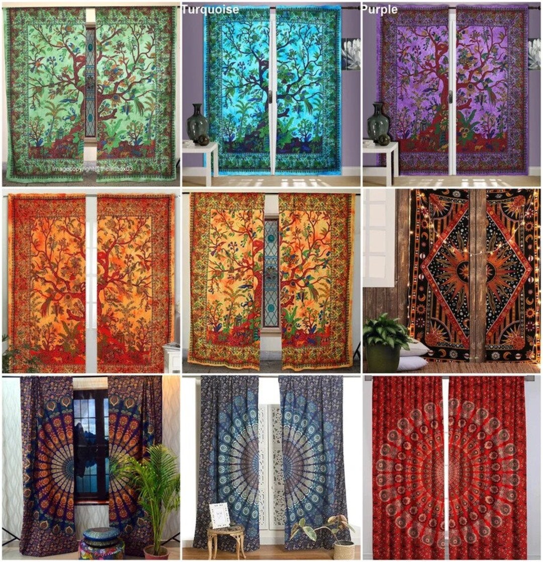 BOHEMIAN WINDOW CURTAINS 100% Natural Cotton Curtains Drapes Door 2 ...