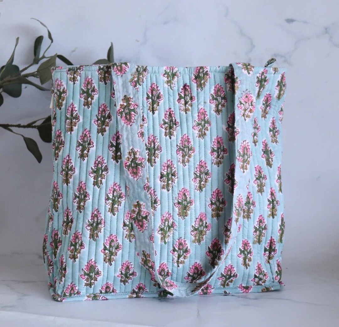 Hand Block Print Cotton Tote Bag, Quilted Tote Bags, Handmade Boho ...