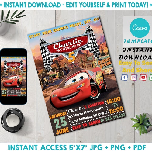 Disney Cars Invitation Chalkboard Lightning Mcqueen Birthday - Etsy