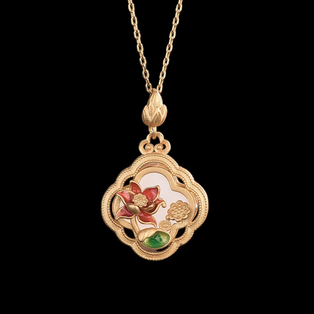Vintage Design Lotus Flower Enamel Statement Necklace, Art Deco Lotus ...