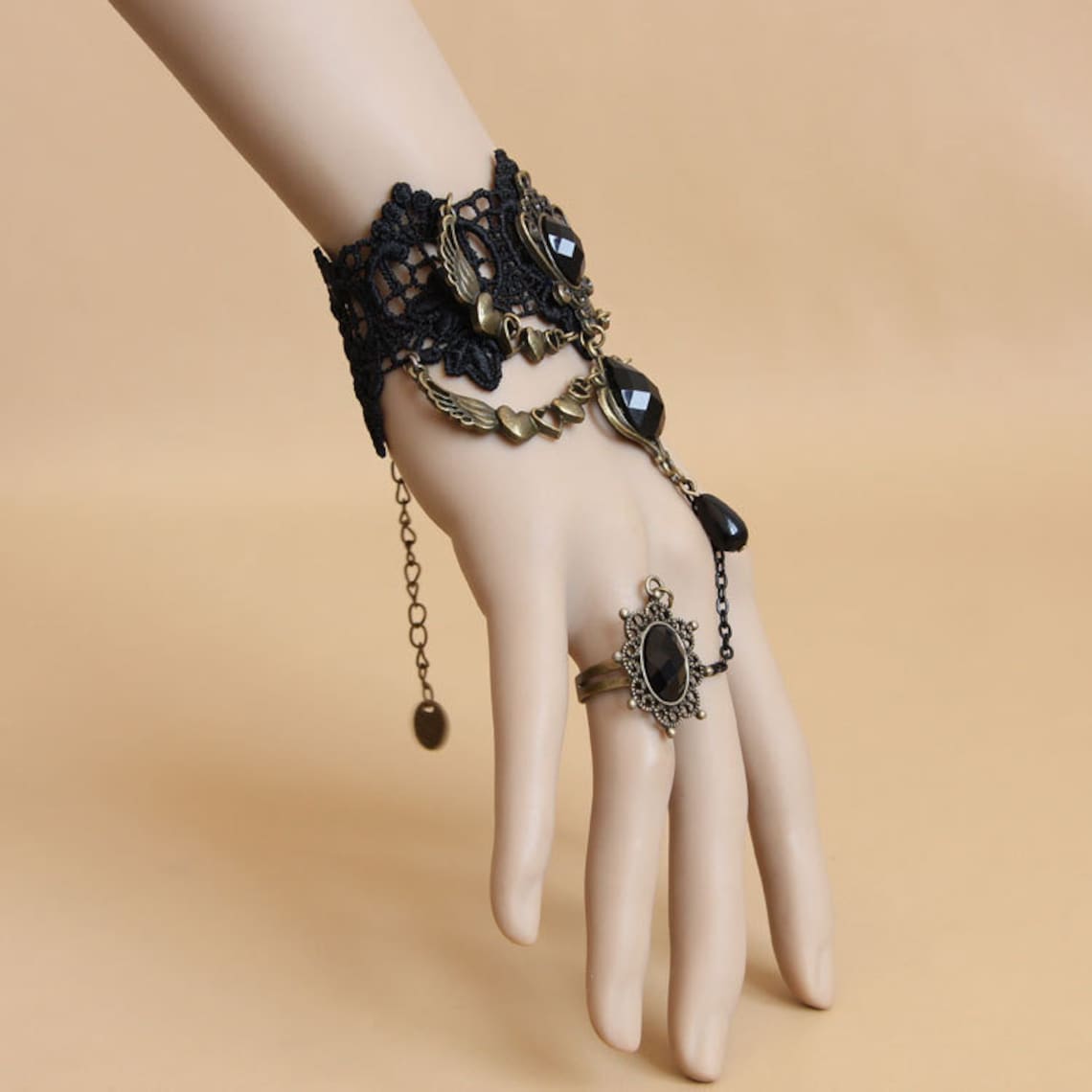 Gothic Black Lace Finger Ring Bracelet Bridal Hand Chain Ring - Etsy