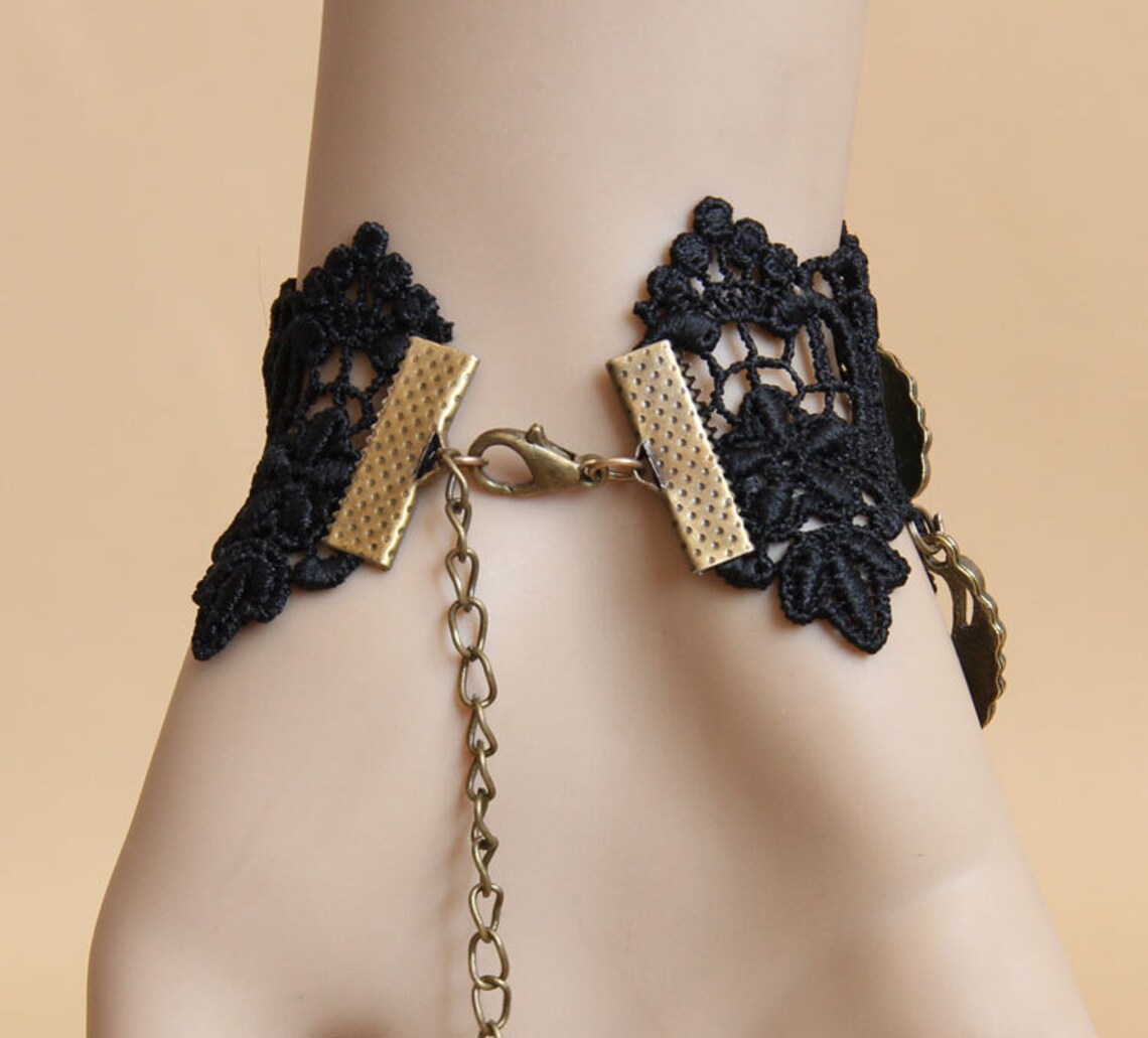 Gothic Black Lace Finger Ring Bracelet Bridal Hand Chain Ring - Etsy