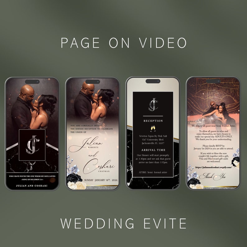 Multi-page Luxury BLACK SILVER Wedding Video Invitation, Save the Date ...