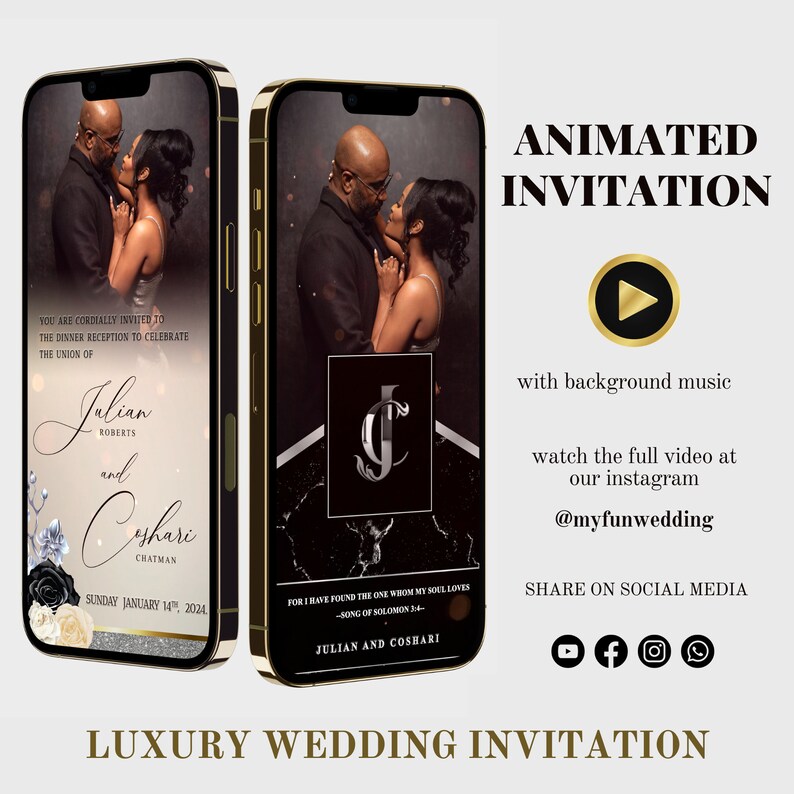 Multi-page Luxury BLACK SILVER Wedding Video Invitation, Save the Date ...