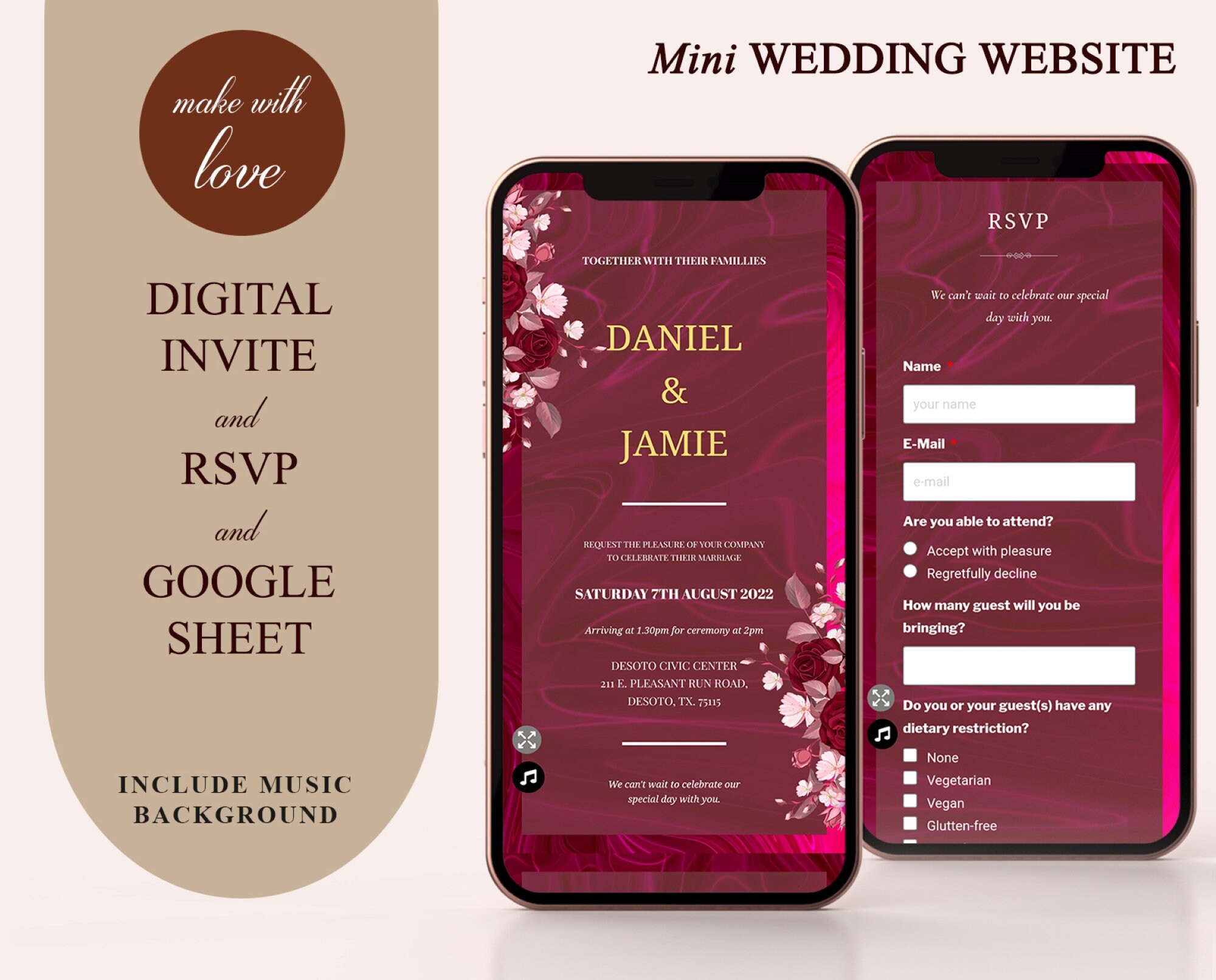 Digital Wedding Invitation & RSVP - Mini Wedding Website - Red Roses ...