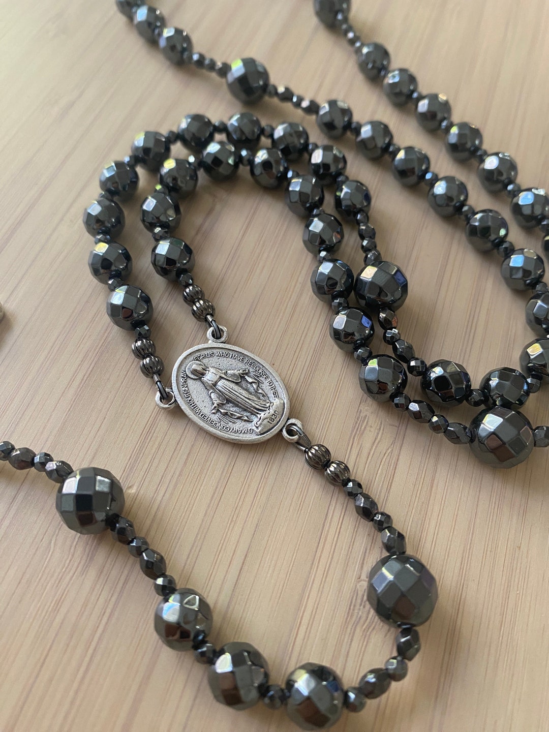 Handmade Wire-strung Rosary Miraculous Medal, Metallic Space Gray - Etsy
