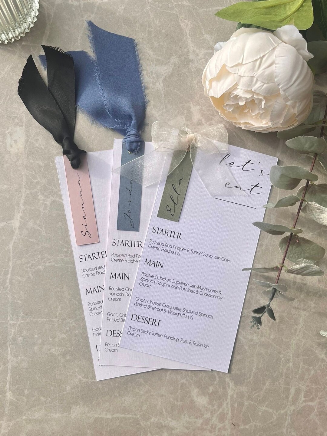 Wedding Menu With Name Tag - Ribbon Place Card Minimalist Table Setting ...