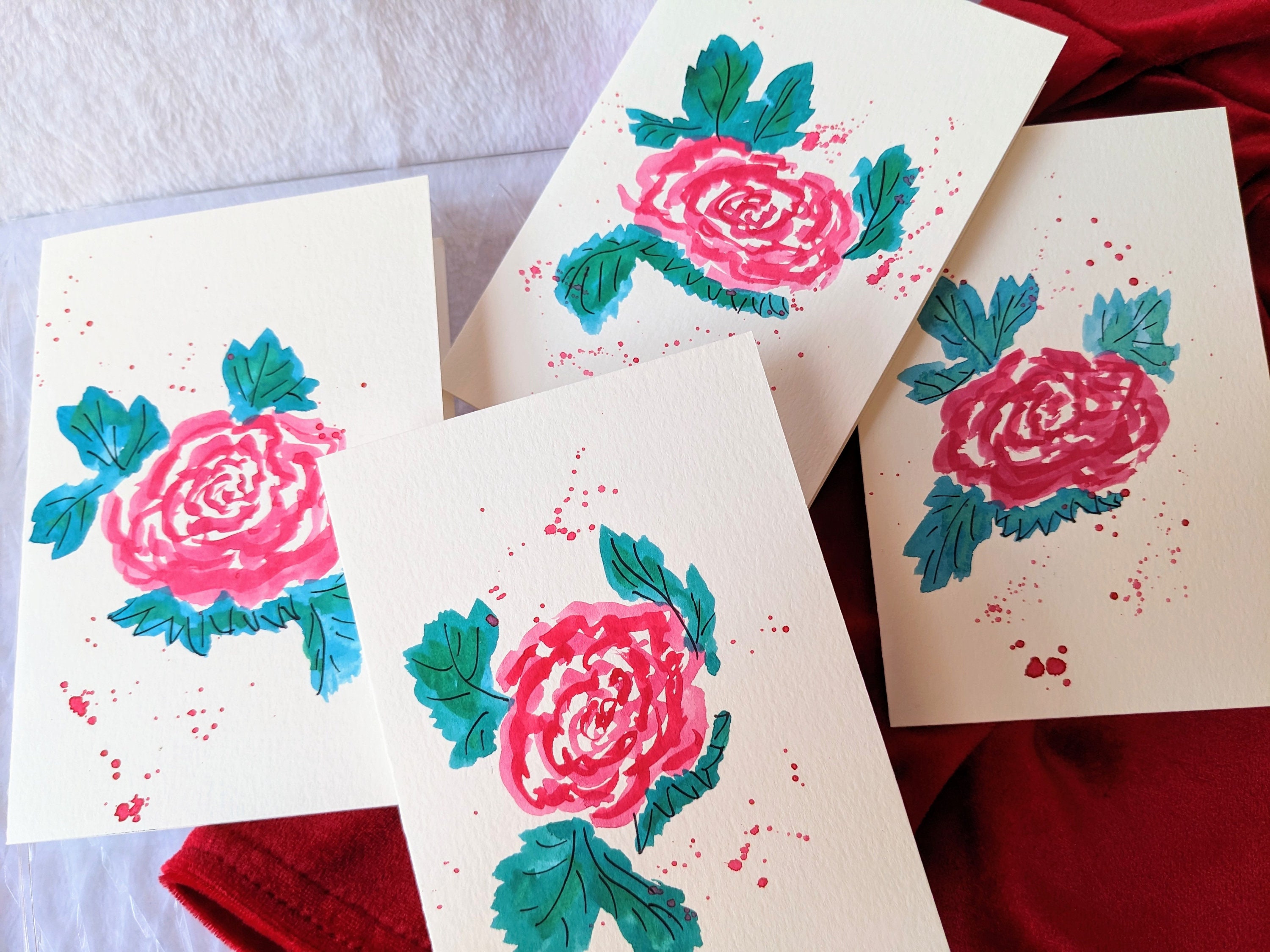 Rose Cards Set of Four, Blank Inside Pink Red Orange Yellow Green Blue ...