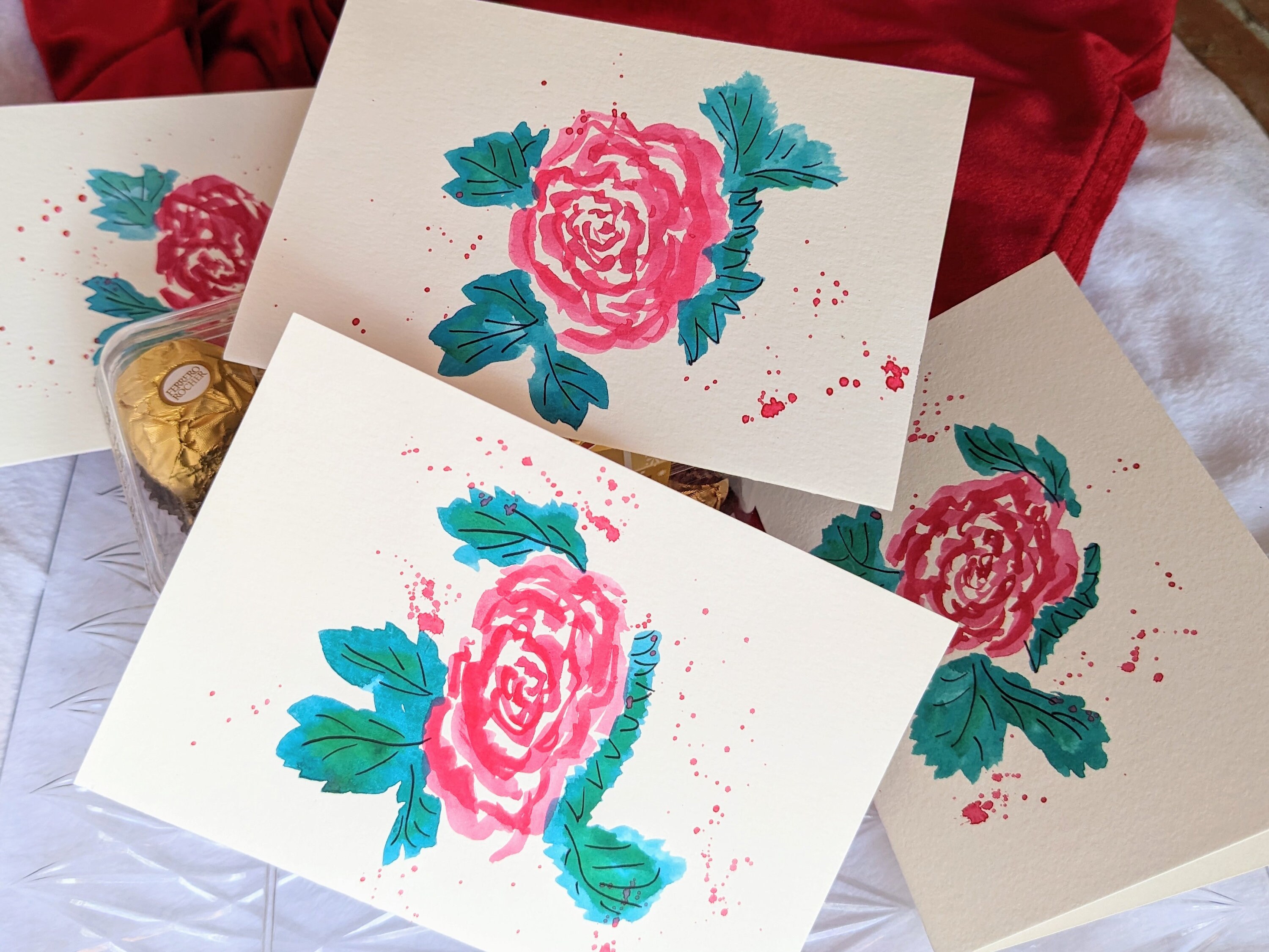 Rose Cards Set of Four, Blank Inside Pink Red Orange Yellow Green Blue ...
