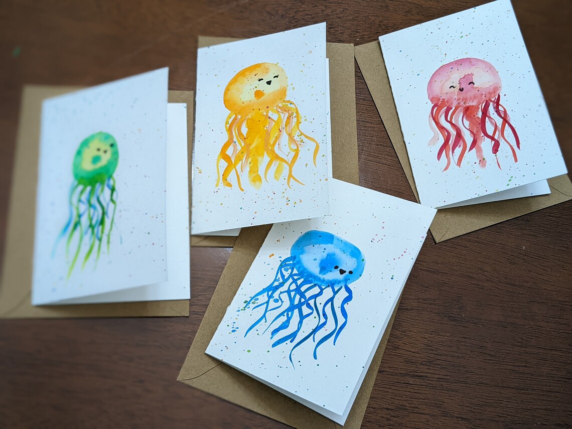 Happy Jellyfish Note Cards Set of Four, Blank Inside - Etsy