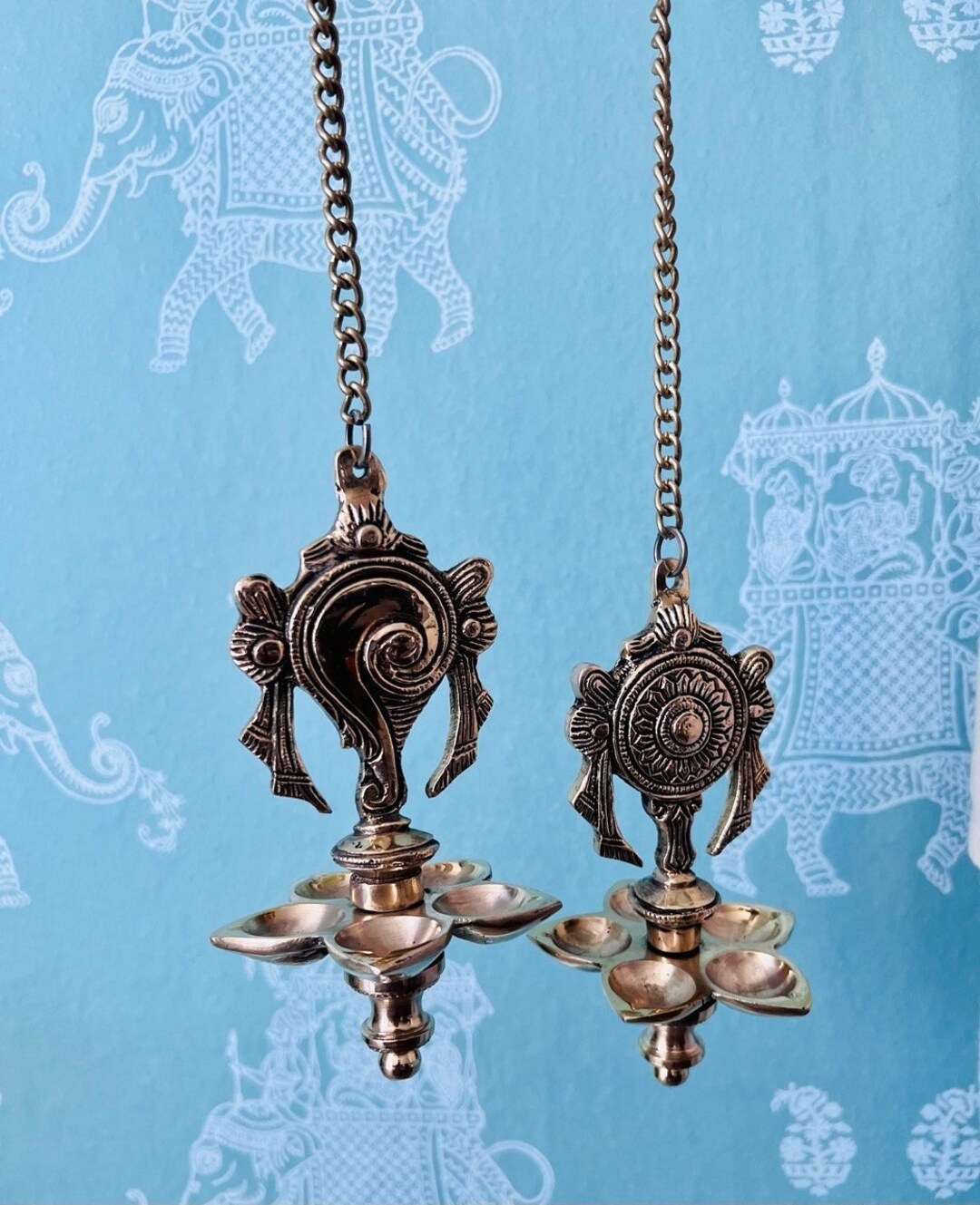 Brass Vishnu Deepam Oil Lamps: Sangu Chakra Hanging Diyas, 23" - Etsy