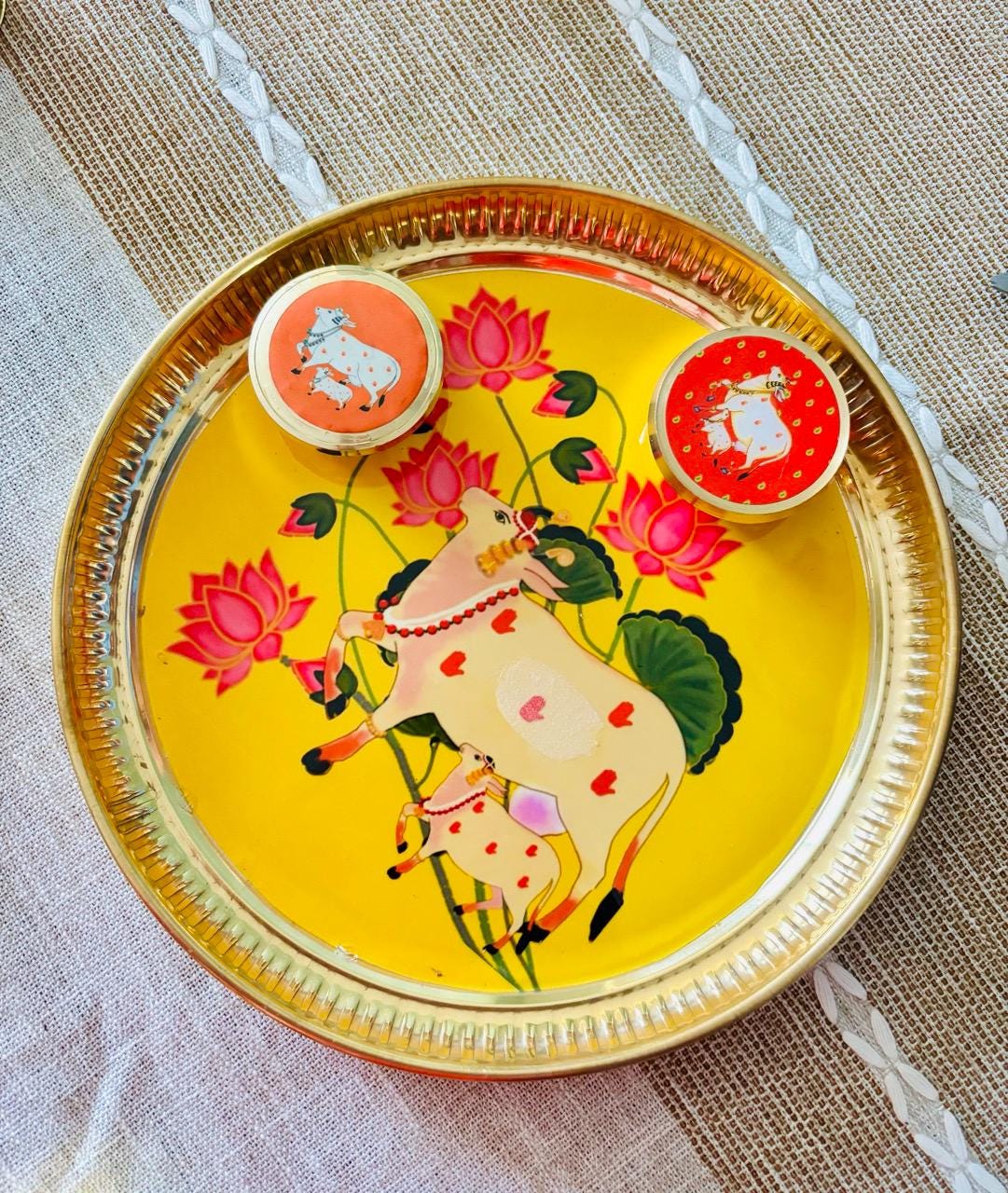 Laminated Pichwai Cow Print Pure Brass 8" Inches Round Trays | Pichwai ...