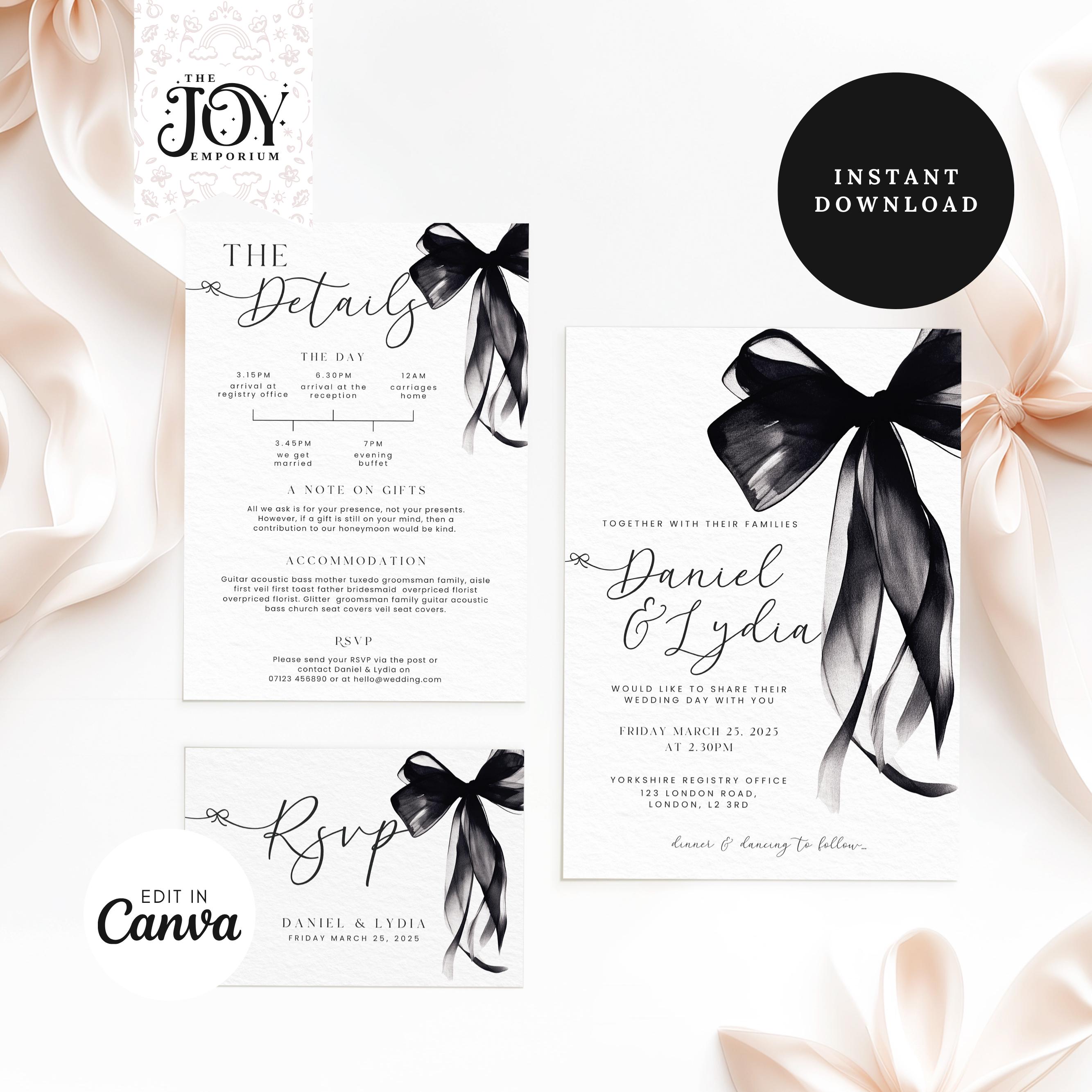 Black Bow Wedding Invite Minimalist Editable Template Modern Wedding ...