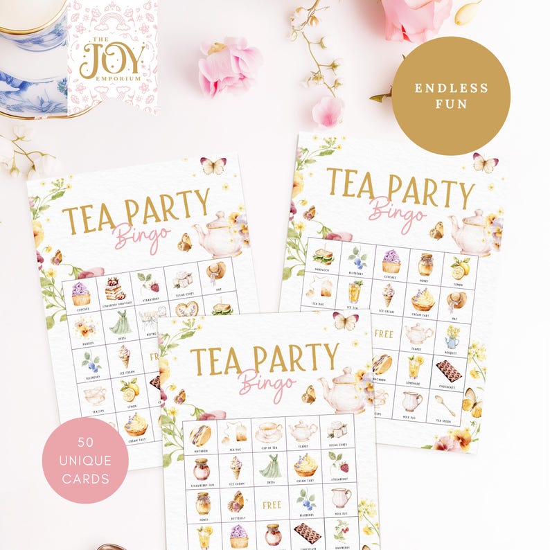 Tea Party Bingo Game | 50 Unique Printable Cards for Kids and Adults ...