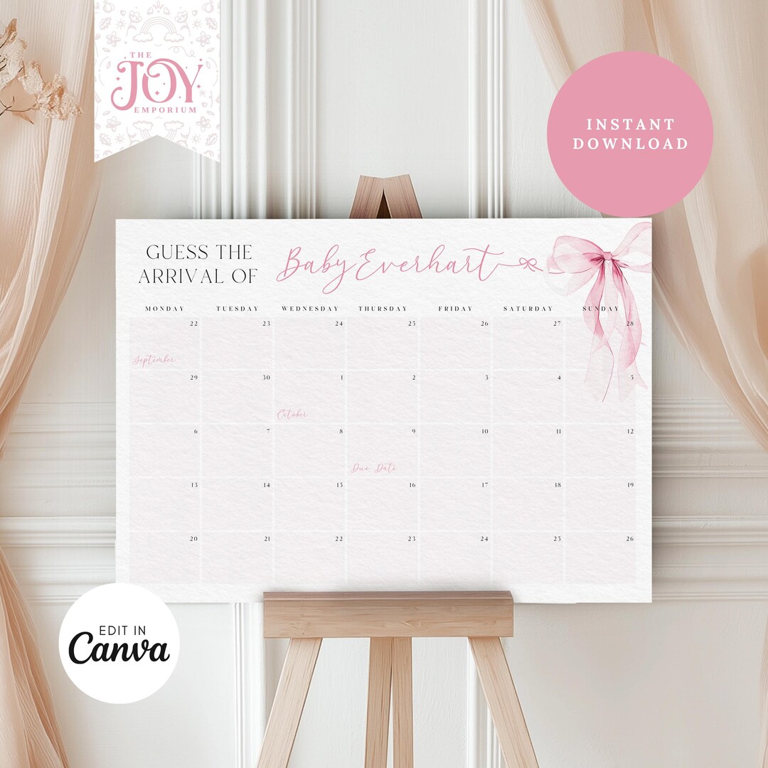 Pink Bow Baby Shower Due Date Sign | Baby Shower Sign | Printable Baby ...