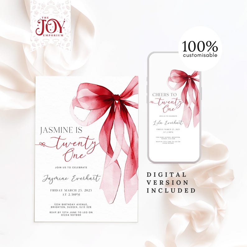 Hand-drawn Red Bow Invitation | Minimalist 21st Birthday Invitation ...