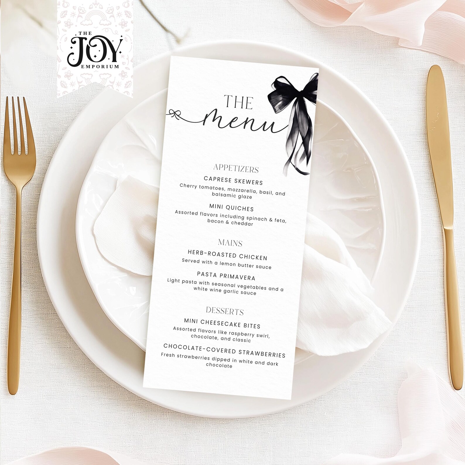 Black Bow Menu Template | Elegant Printable Menu Card for Bridal Shower ...