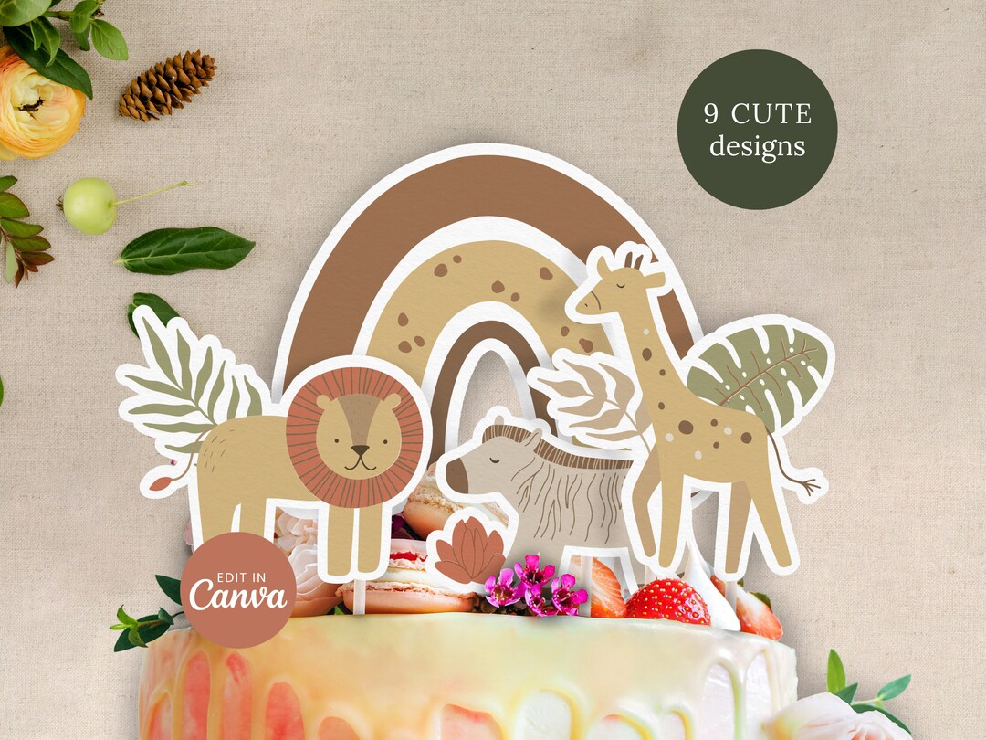 Neutral Safari Animal Cake Toppers, Cutout Rainbows & Animal Cake ...