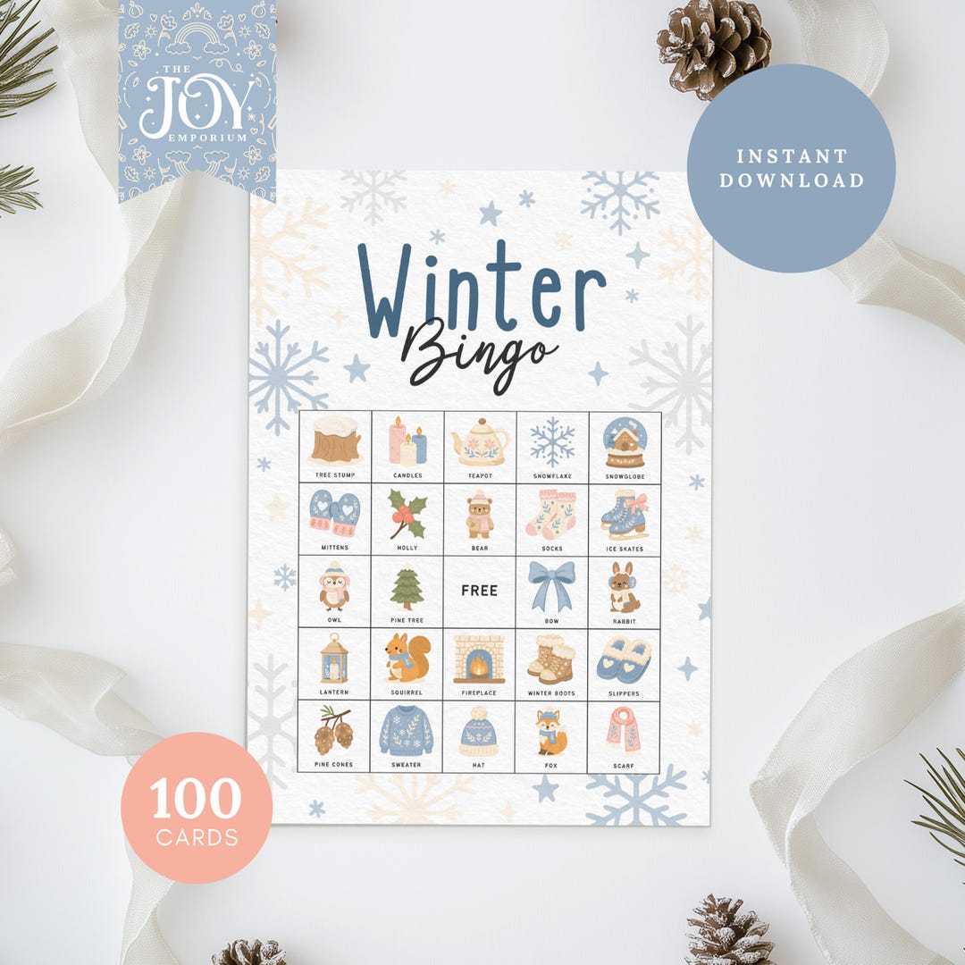 Winter Bingo, 100 Printable Bingo Cards for Kids, Winter Party Games ...