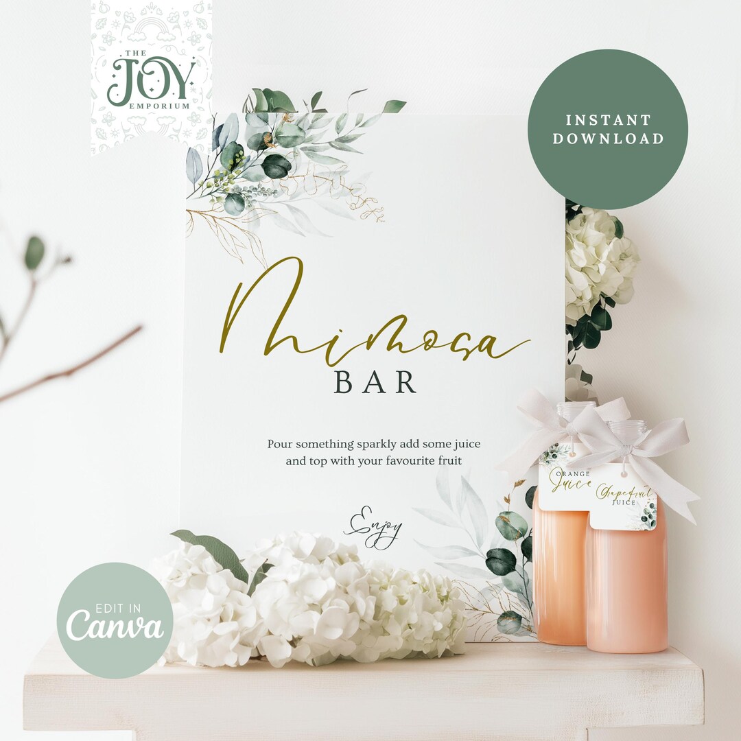 Mimosa Bar Sign Tags | Greenery Printable Juice Labels for Bridal ...