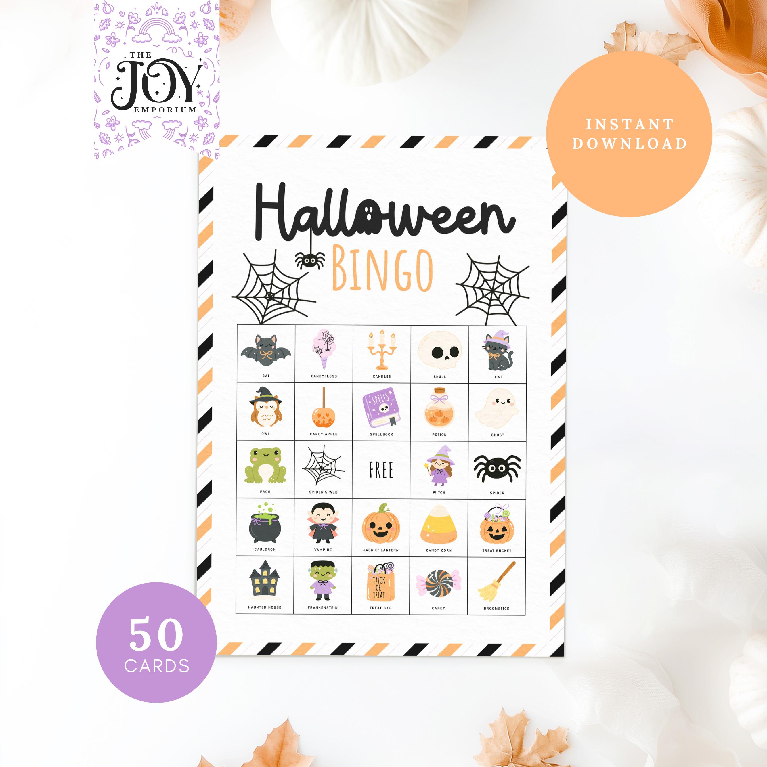 50 Halloween Bingo, Printable Game Cards for Kids, Halloween Party ...