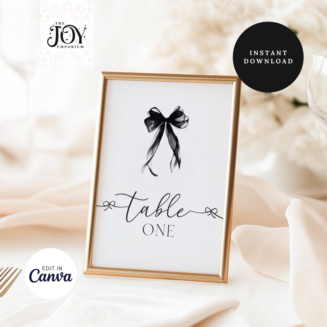 Black Bow Table Number Sign Template | Elegant Wedding Decor | Fun ...