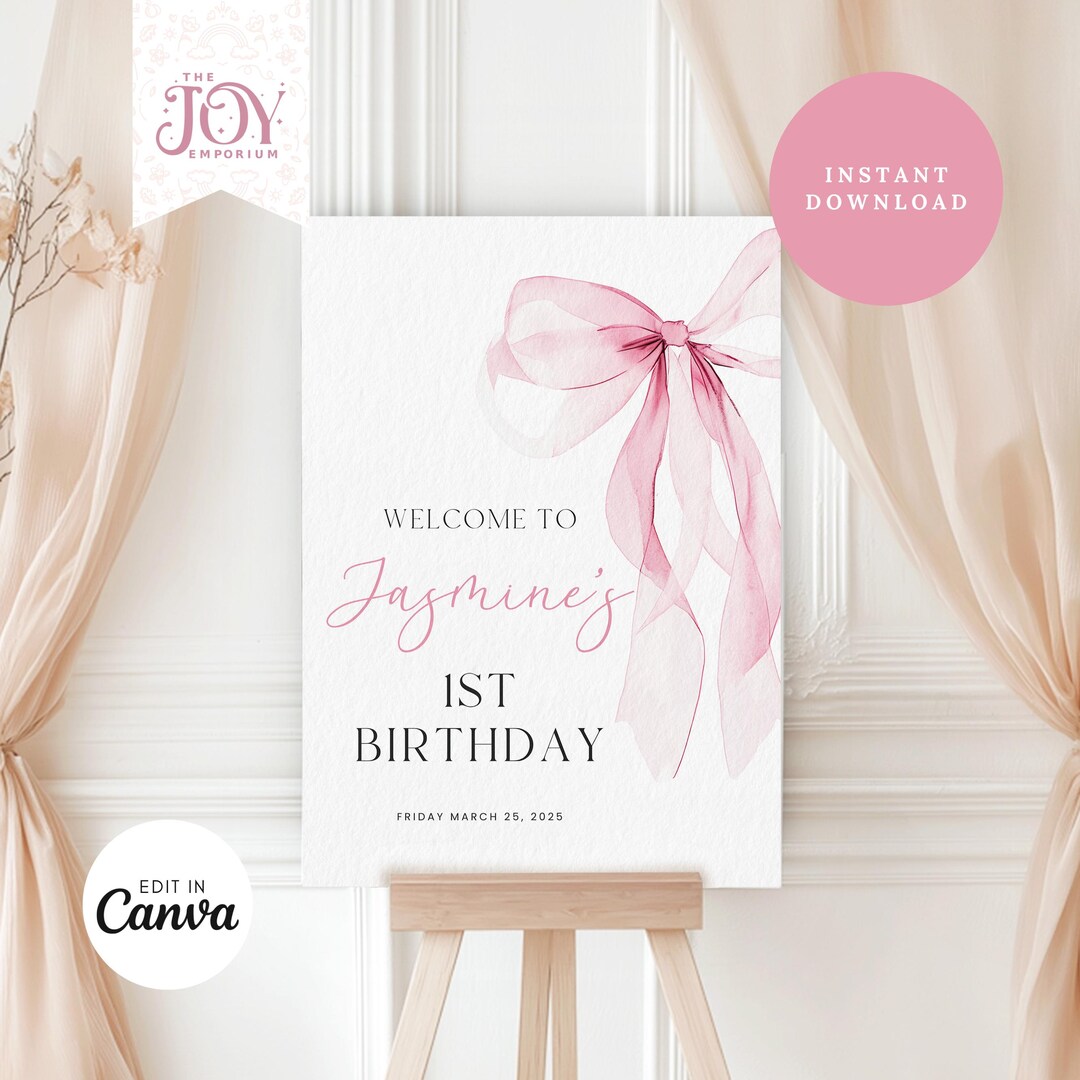 Pink Bow Welcome Sign | Bow 1st Birthday Welcome Sign | 1st Birthday ...