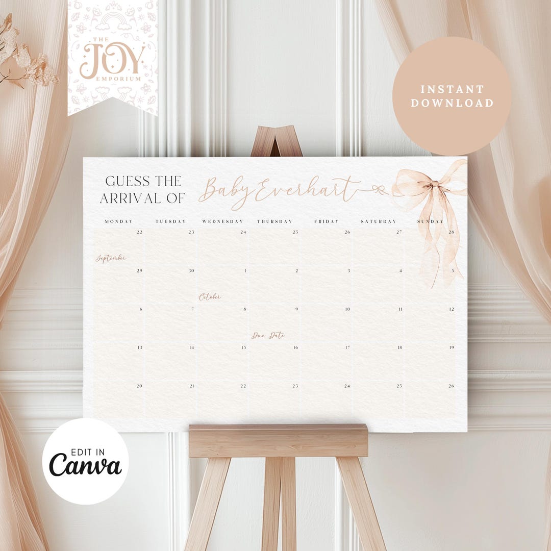 Beige Bow Due Date Sign | Baby Shower Sign | Printable Baby Shower ...