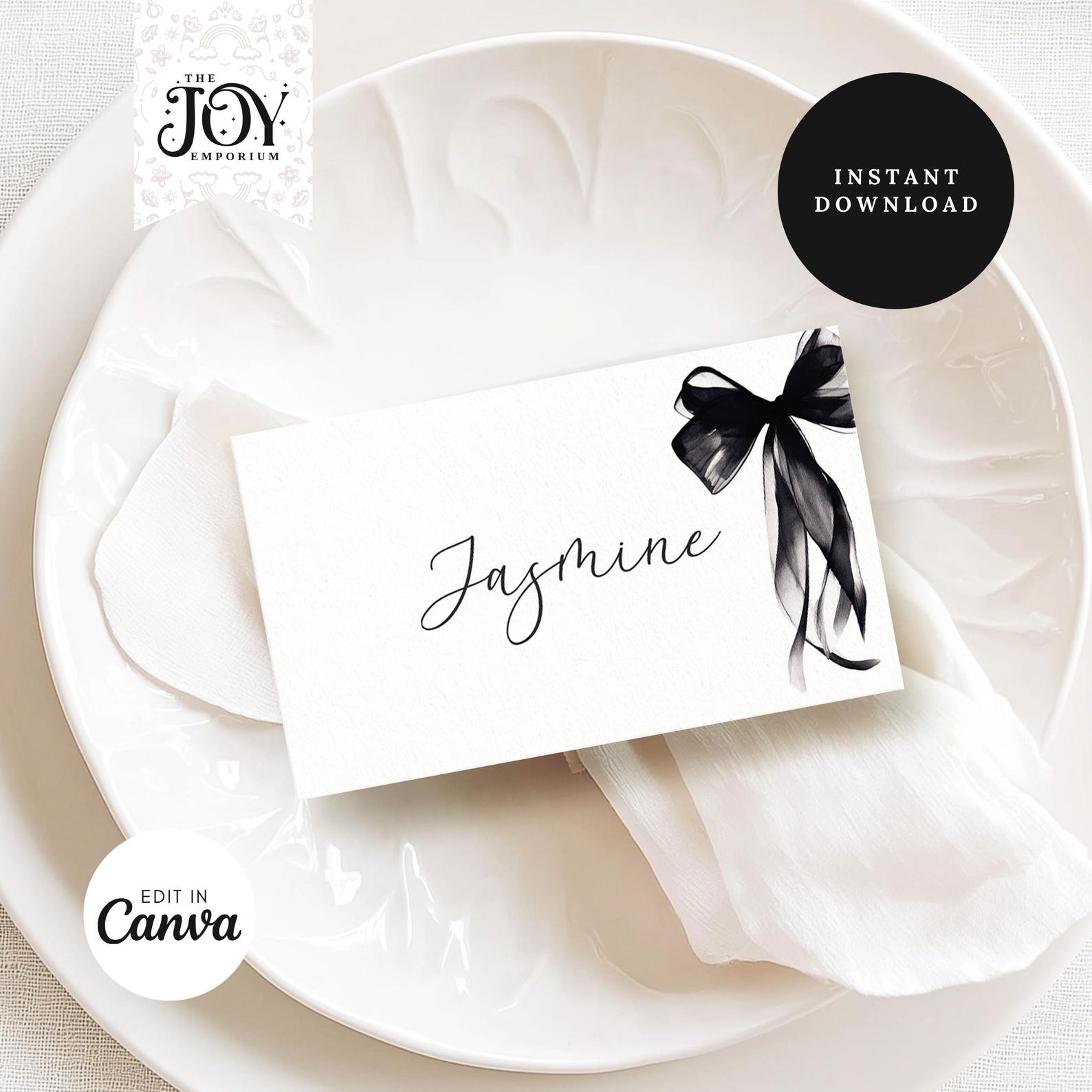 Black Bow Place Cards | Elegant Editable Template for Weddings ...