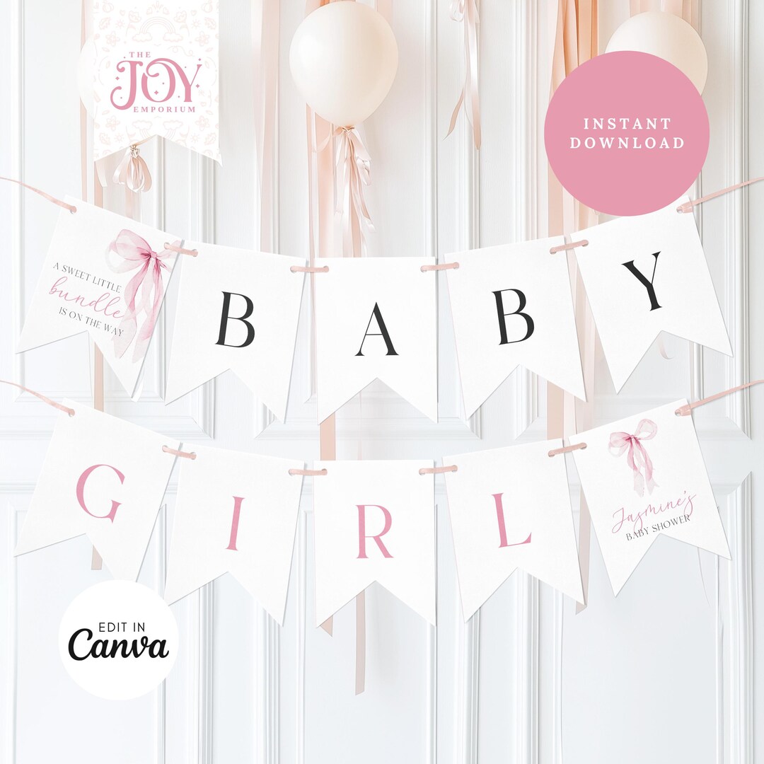 Editable Pink Bow Baby Shower Banner | Customizable Girl Baby Shower ...
