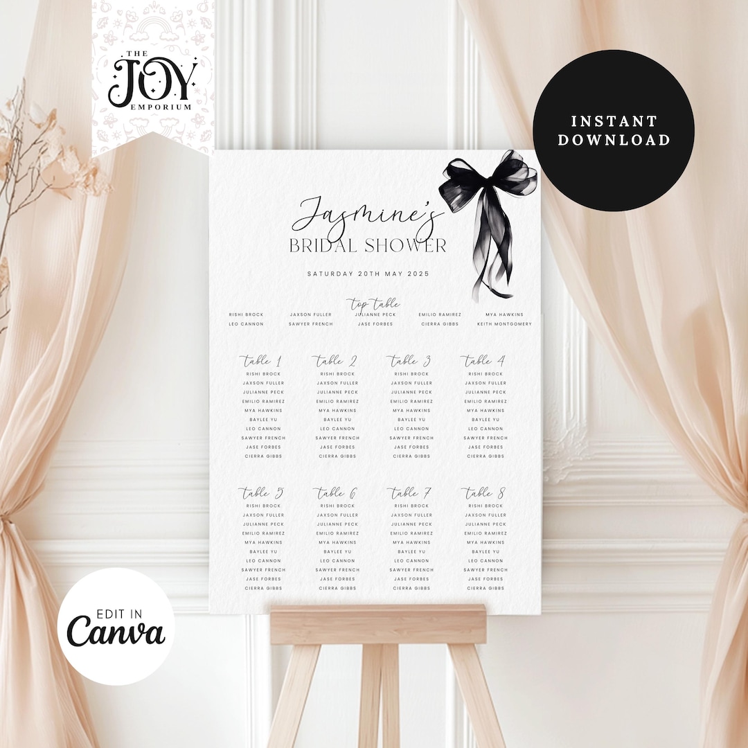 Black Bow Wedding Seating Chart: Elegant Table Plan (editable Template ...