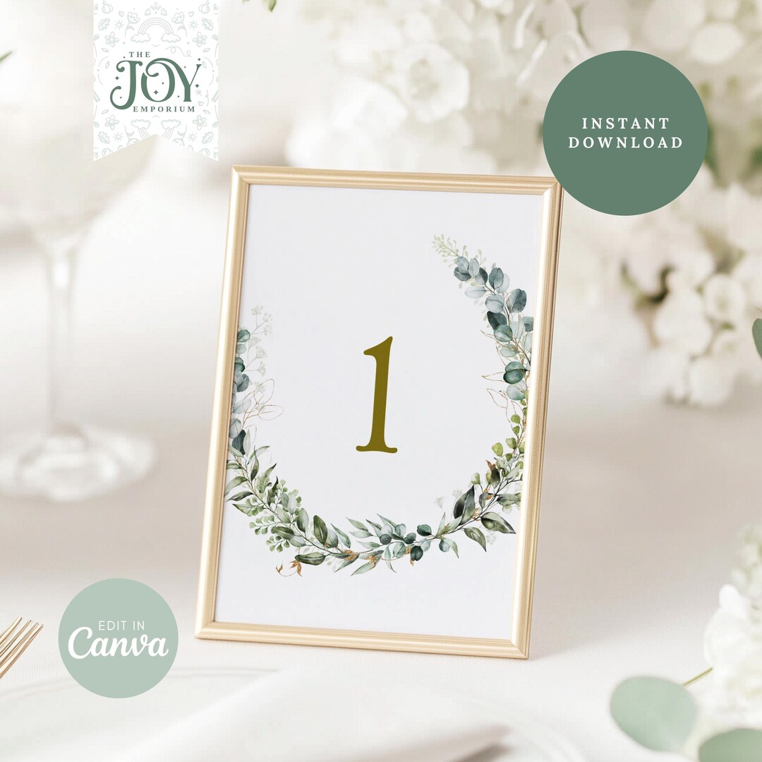 Eucalyptus Wedding Table Number Template: Greenery & Gold (digital ...