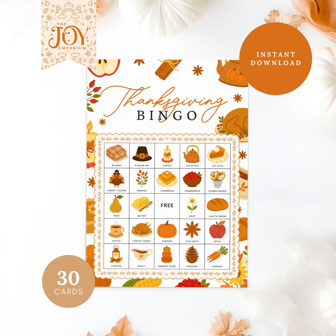Thanksgiving Bingo, 30 Printable Cards for Kids, Fun Thanksgiving Game ...