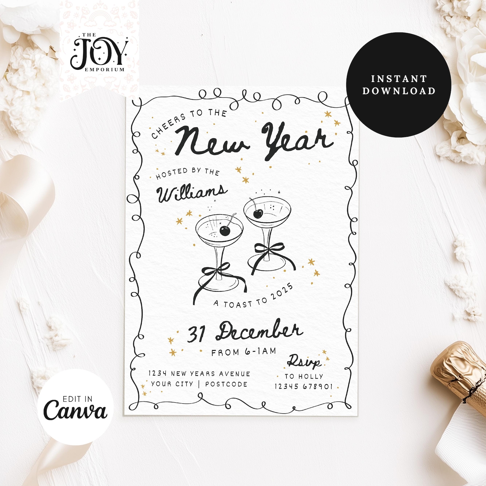 Editable New Year Party Invite | 2025 NYE Invitation | Elegant Black ...