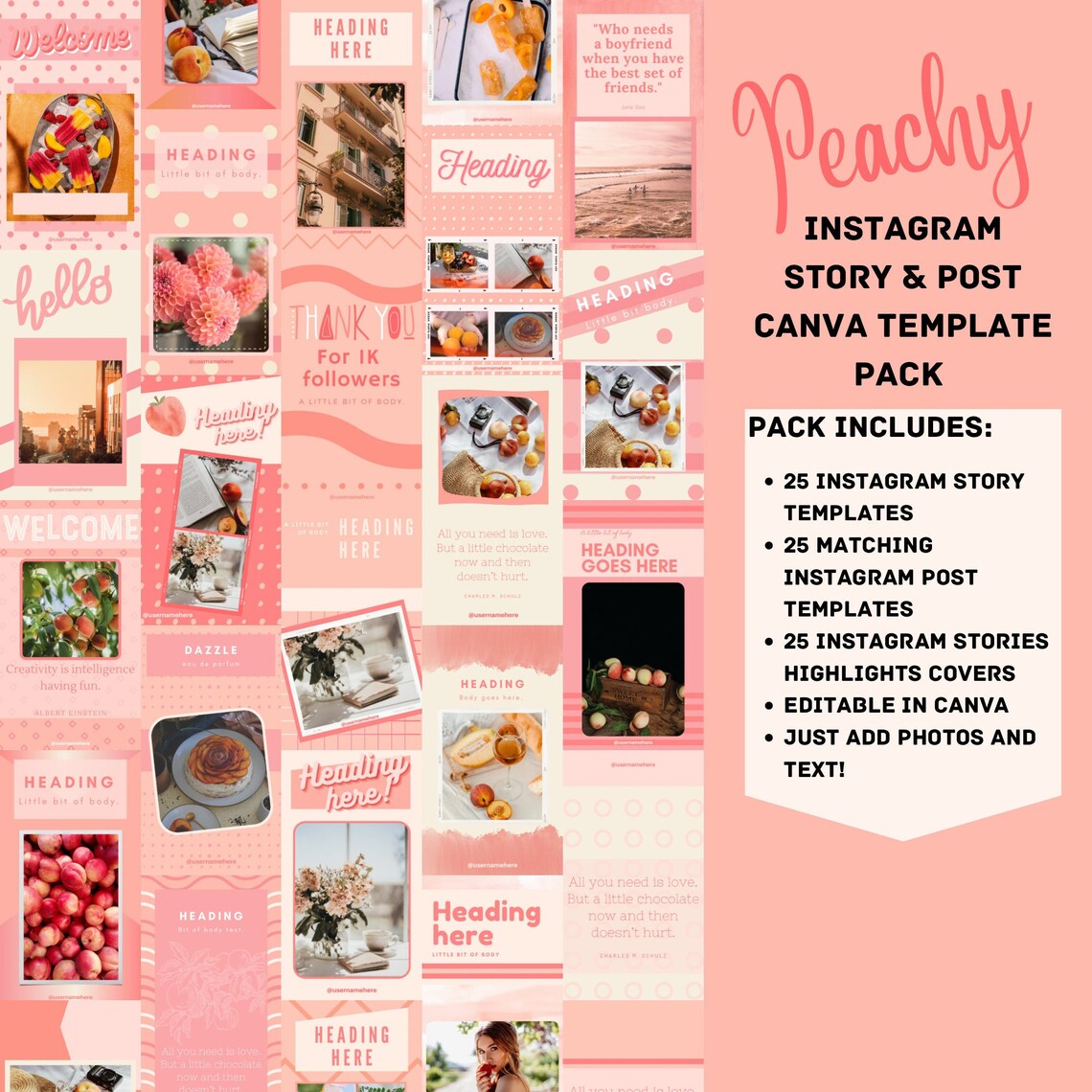 Peach Instagram Templates for Canva Girly Instagram Template - Etsy