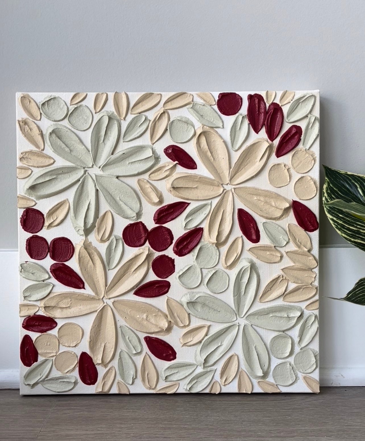Textured Floral Painting | Beige and Crimson Petal Art - Etsy
