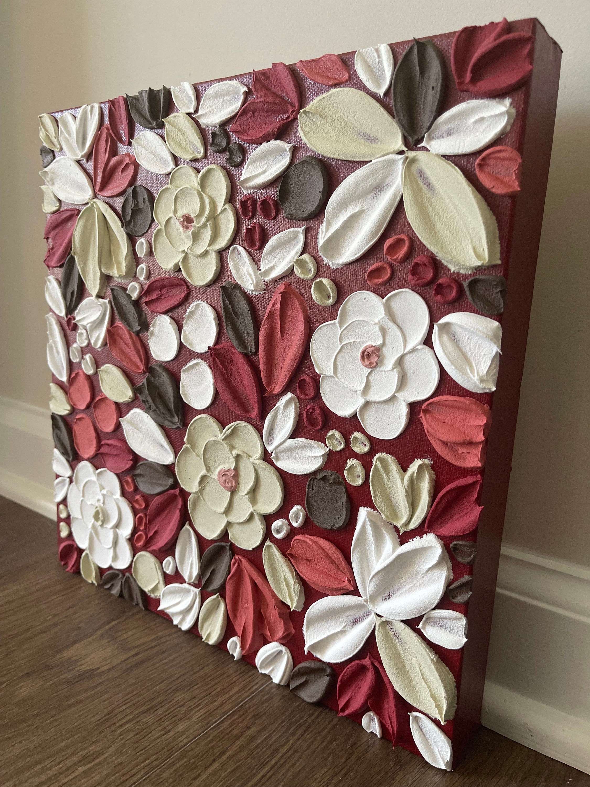 Textured Floral Painting | 3D Palette Knife Flower Art, Maroon Decor - Etsy
