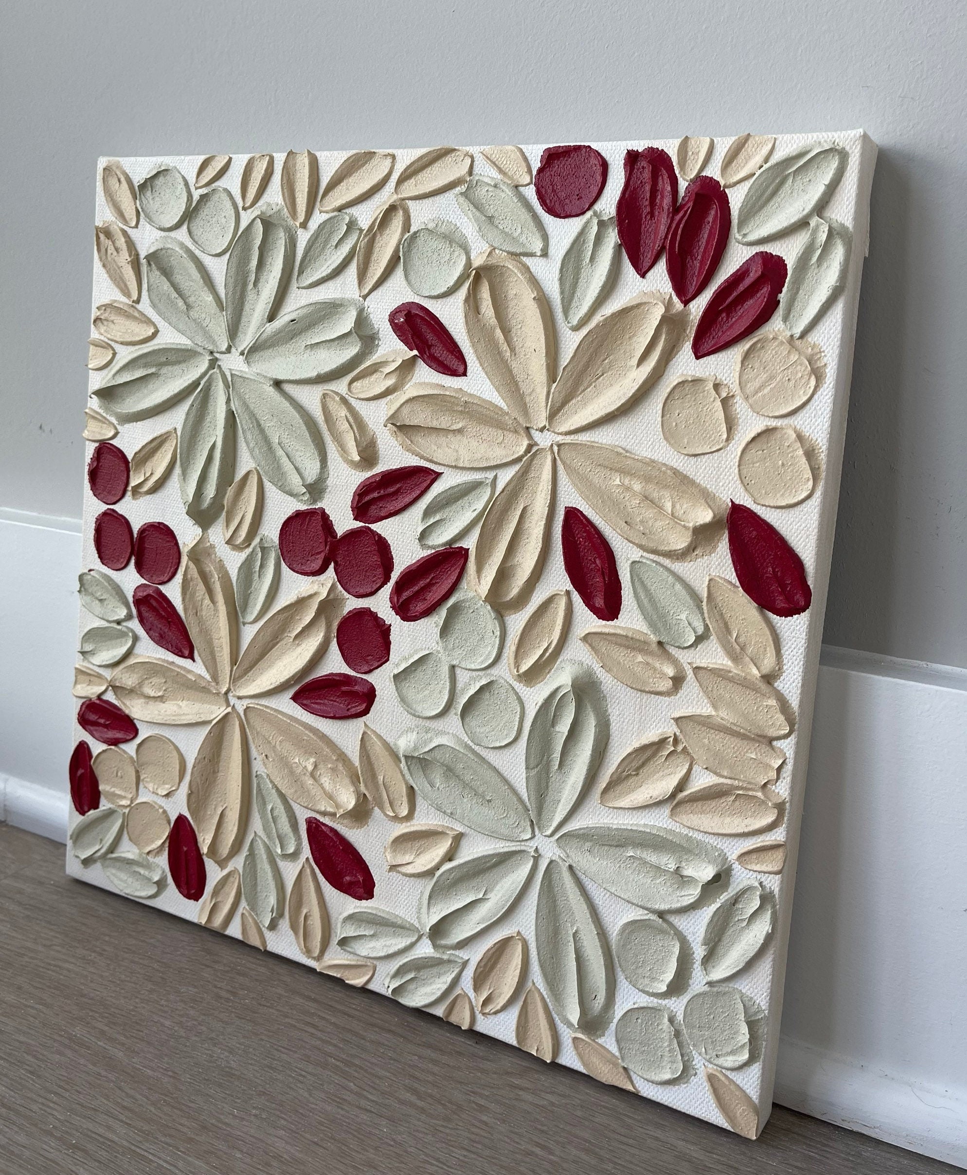 Textured Floral Painting | Beige and Crimson Petal Art - Etsy