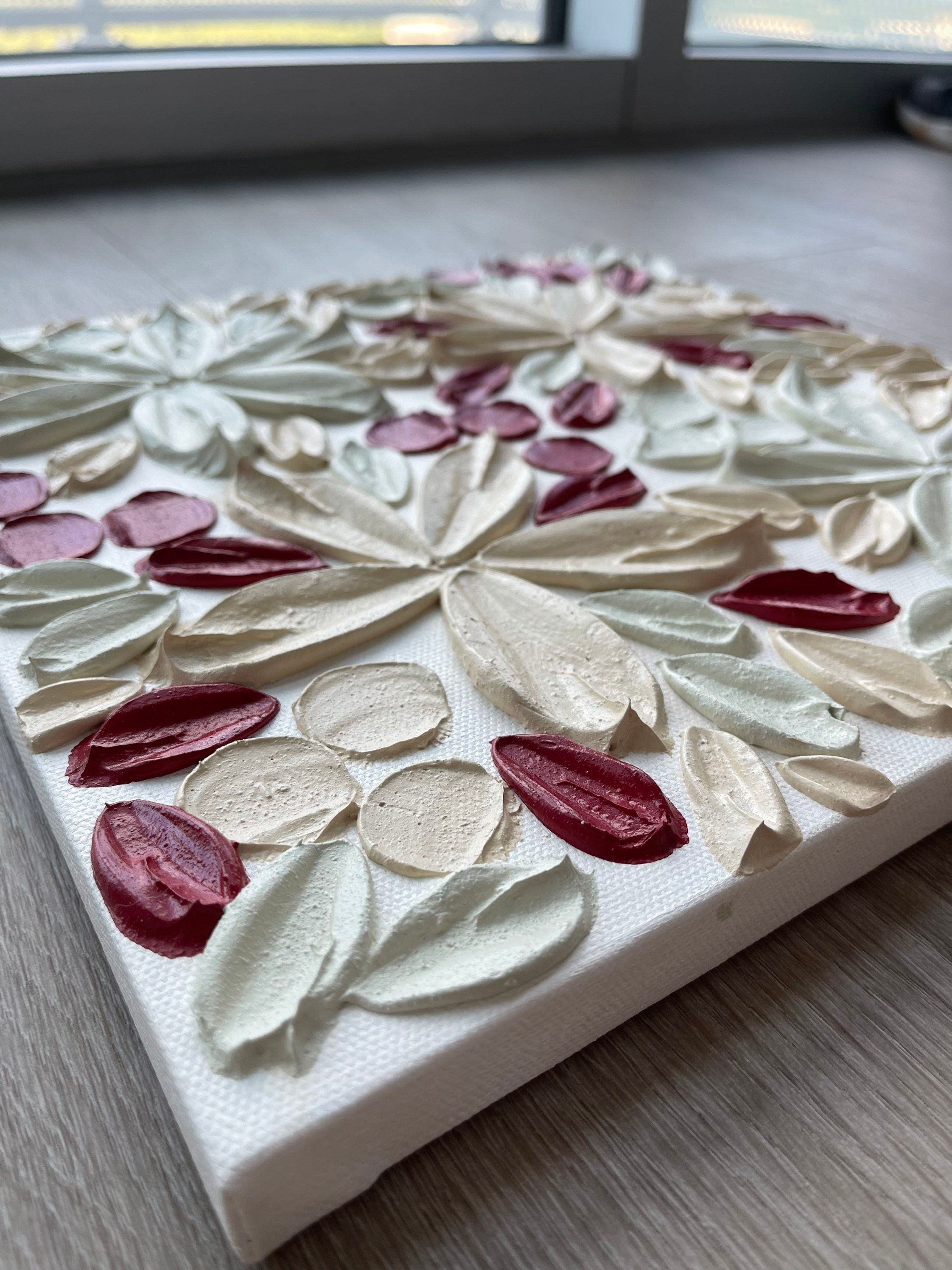 Textured Floral Painting | Beige and Crimson Petal Art - Etsy