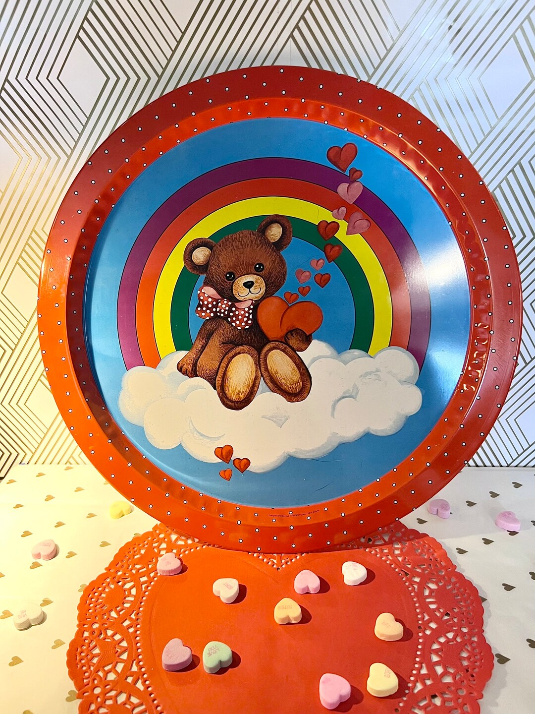 Large 1990s Rainbow Valentine Teddy Bear Tin Serving Platter, Kitchen ...