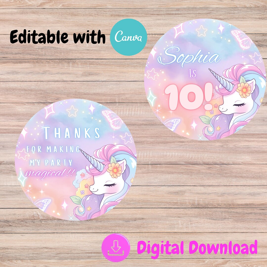 Editable Unicorn Party Labels | Printable Stickers or Toppers | Canva ...