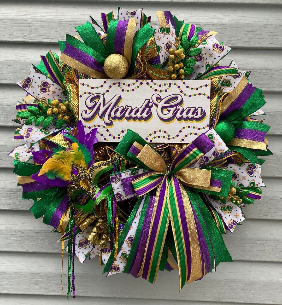 Mardi Gras Wreath With Mask for Front Door | Fat Tuesday Wreath | Mardi ...
