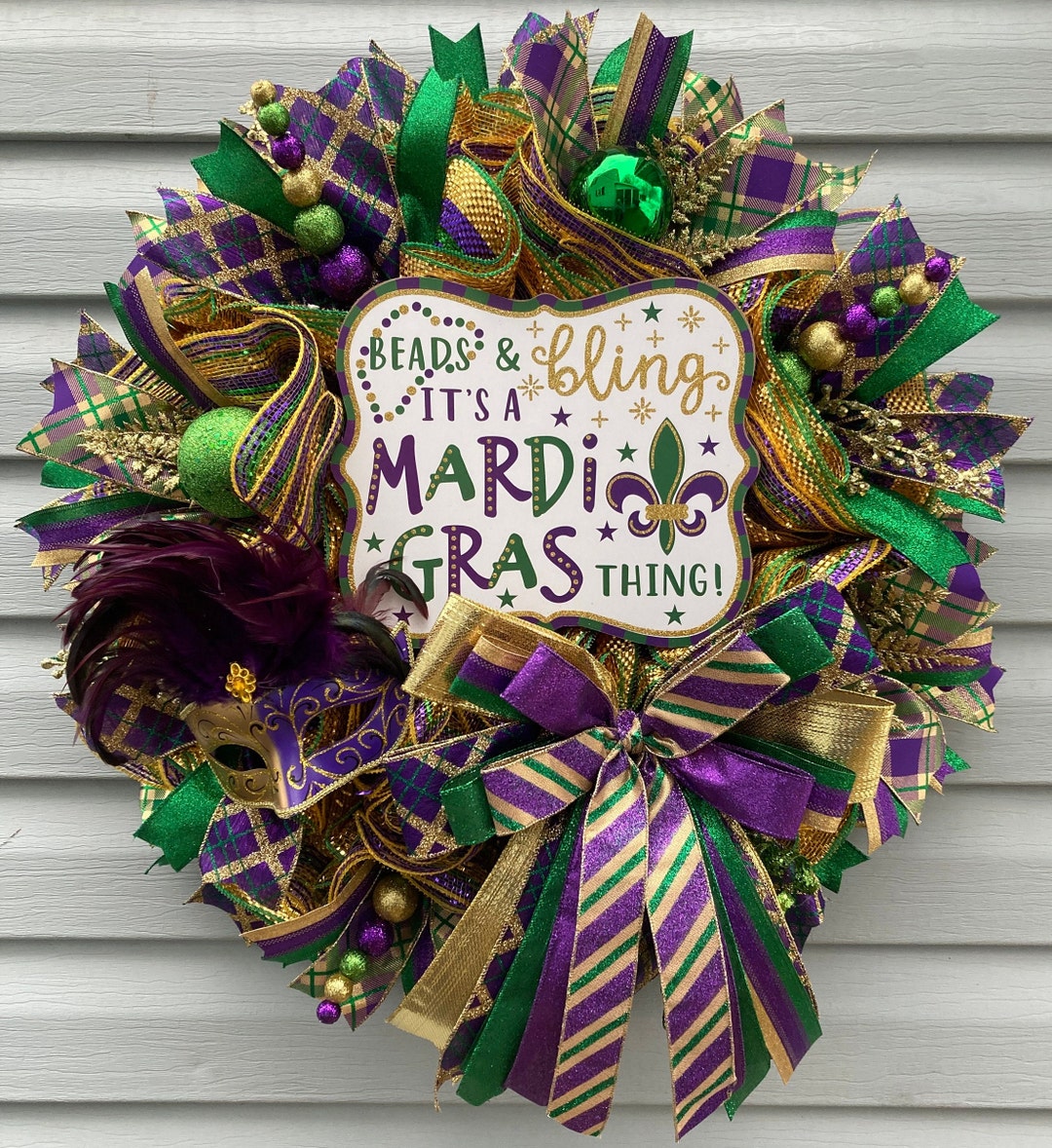 Mardi Gras Wreath With Mask for Front Door | Fat Tuesday Wreath | Mardi ...