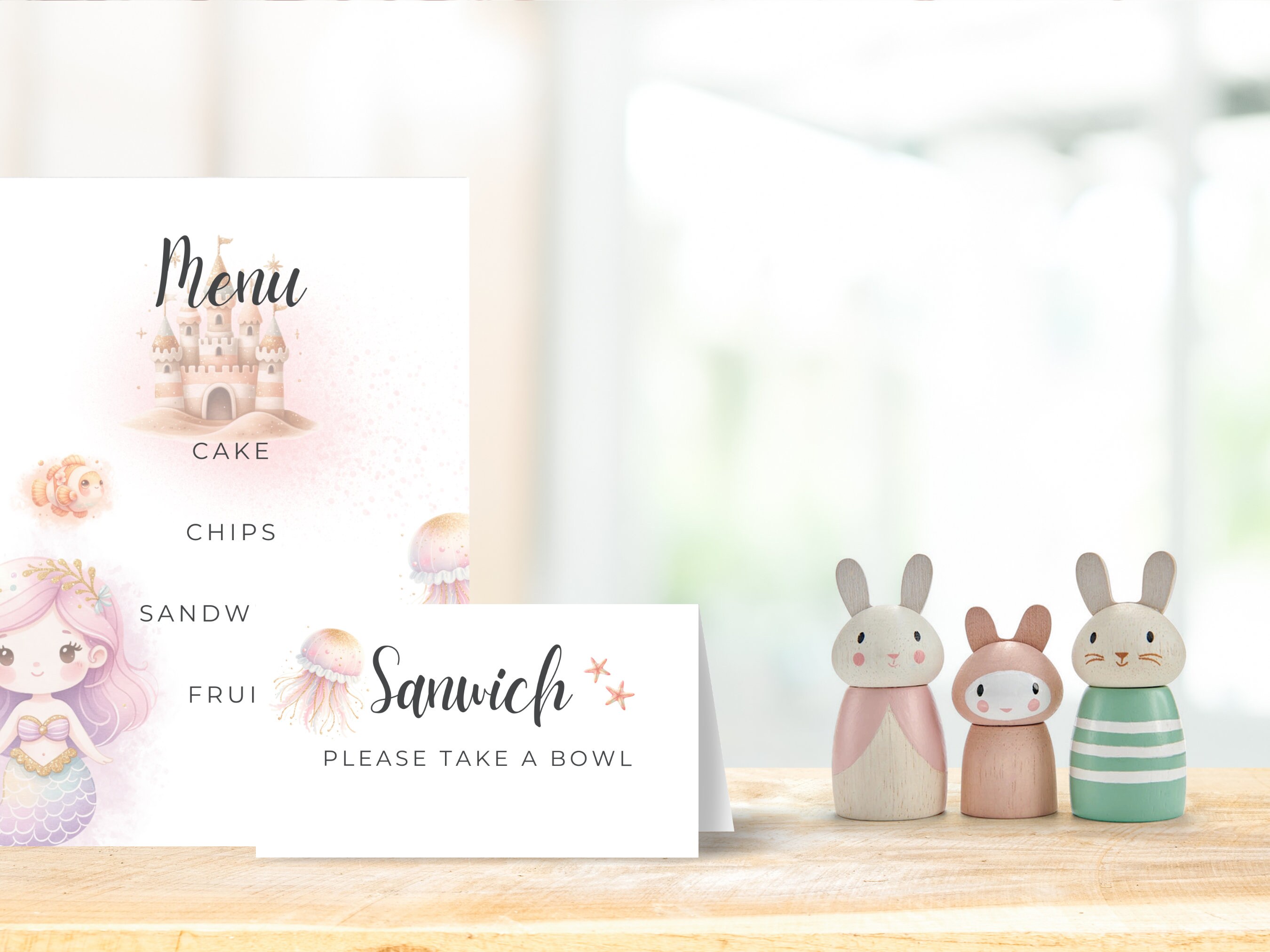 Mermaid Card for Kids Party Menu Birthday Buffet Food Label Under the ...