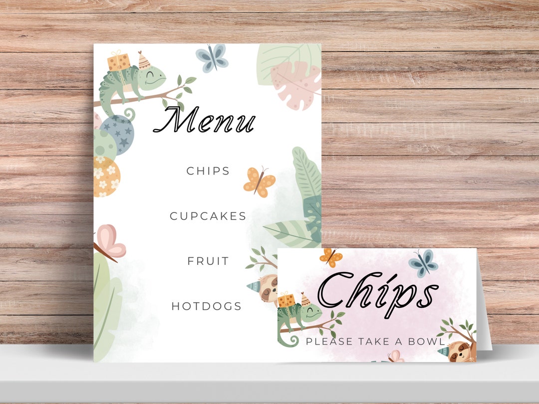 Jungle Card for Kids Party Menu Birthday Buffet Food Label Jungle Sloth ...