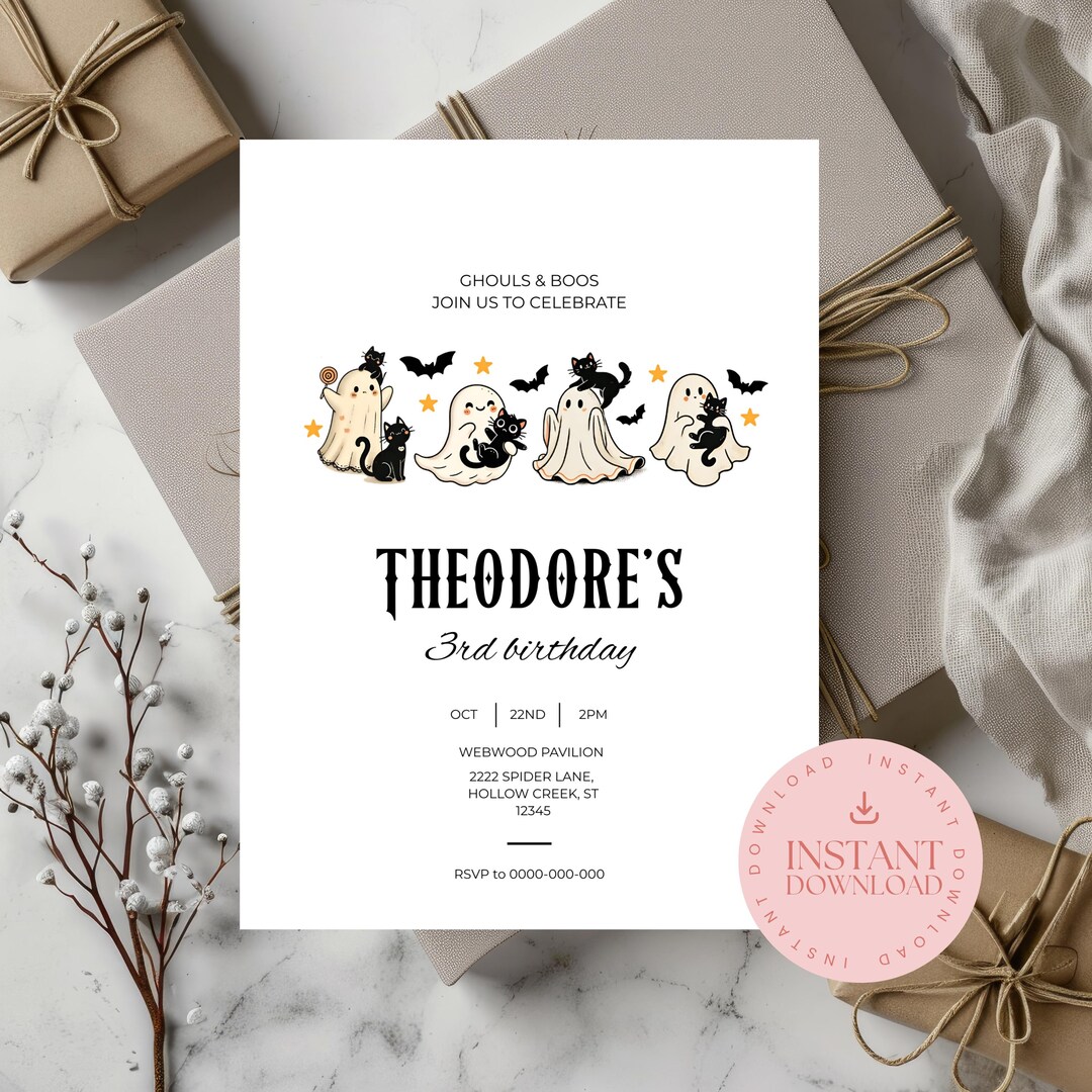 Editable Halloween Birthday Invitation | Ghouls & Boos Ghosts With Cats ...