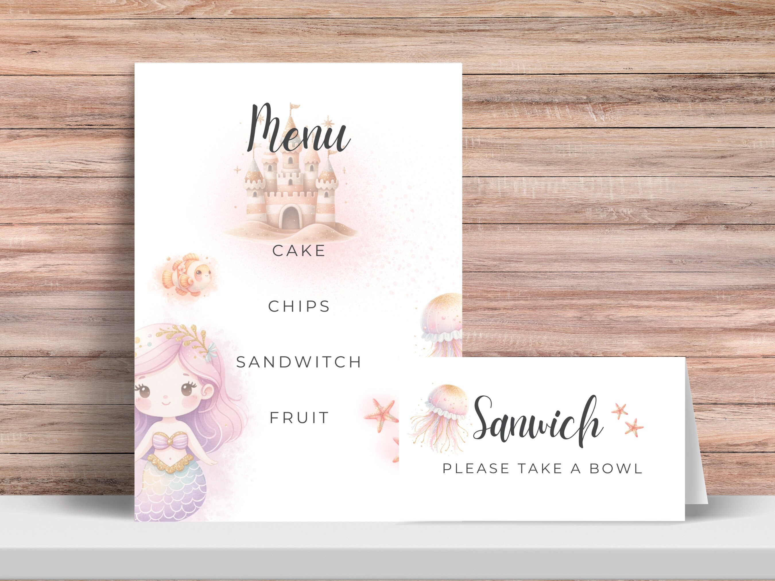 Mermaid Card for Kids Party Menu Birthday Buffet Food Label Under the ...