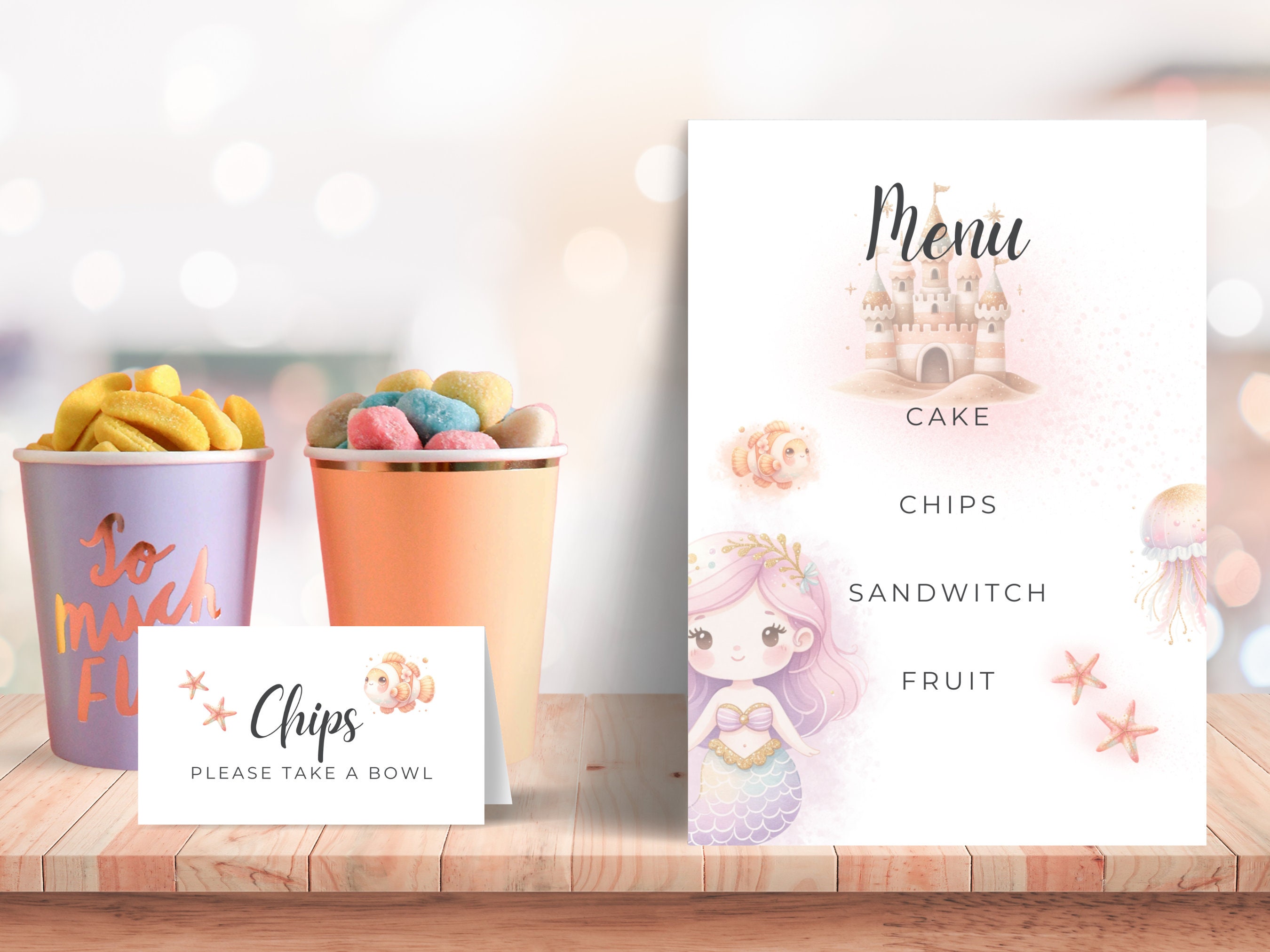 Mermaid Card for Kids Party Menu Birthday Buffet Food Label Under the ...